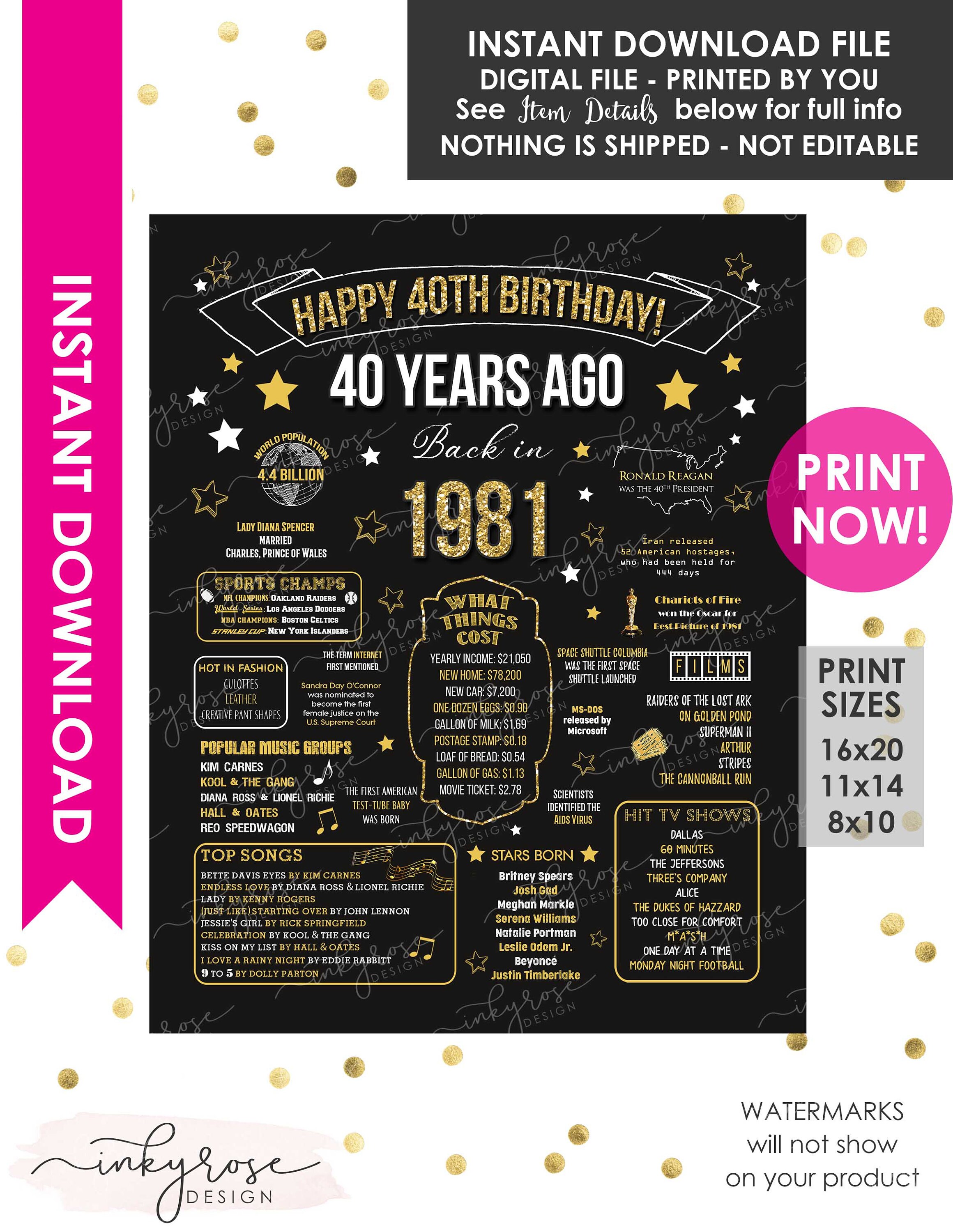 Prints 5 friends 40th birthday print digital download 40 birthday sign ...
