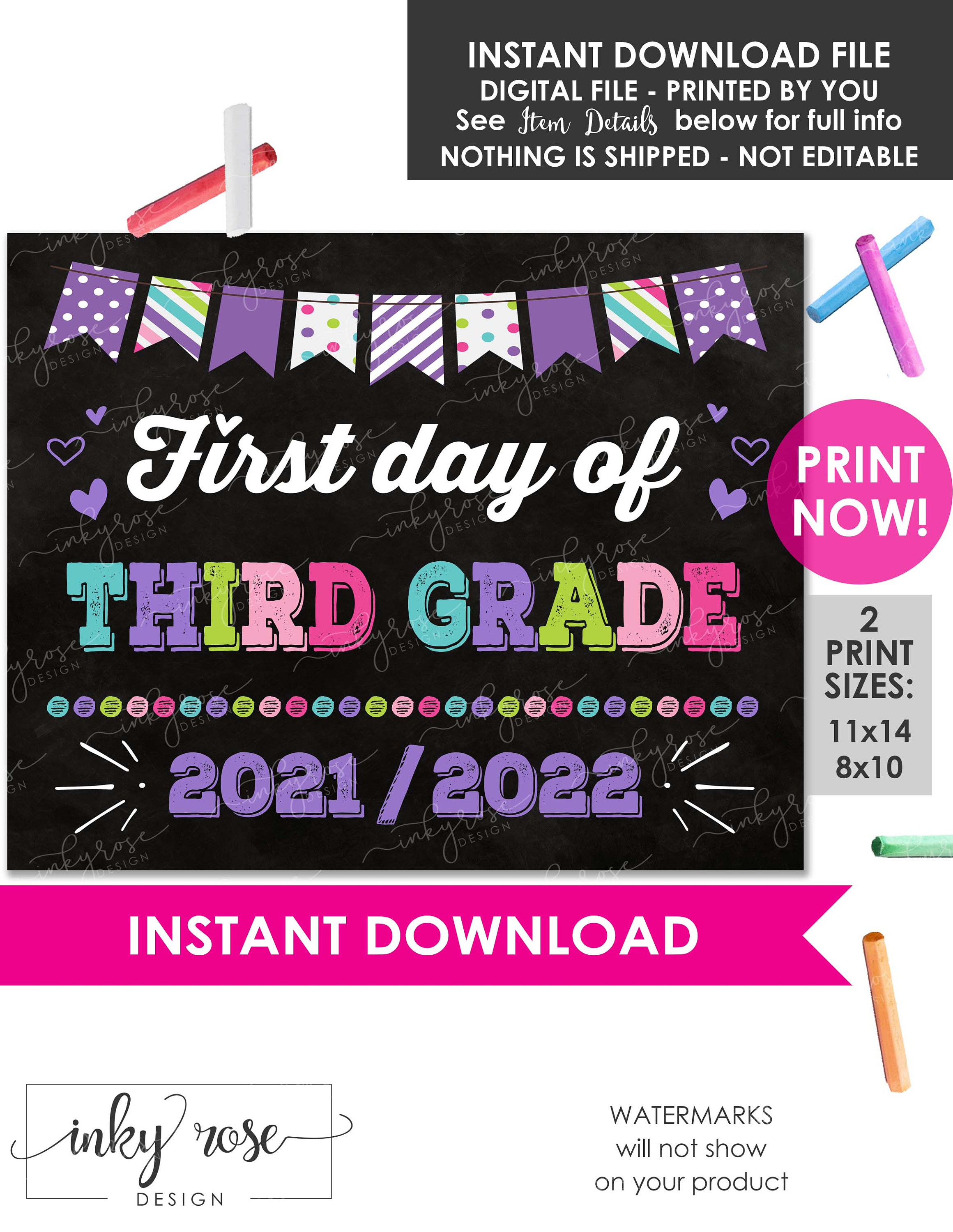 Third Grade Chalkboard Sign 3rd Grade First Day of Third Grade Sign ...