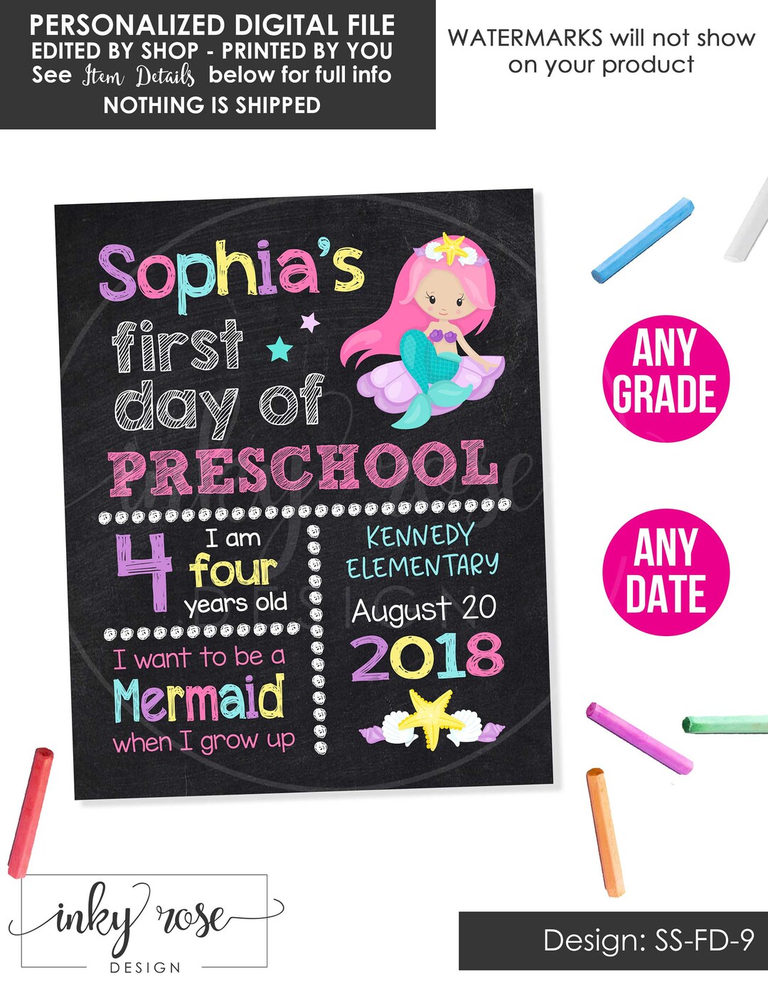 Mermaid First Day of School Sign PRINTABLE, 1st First Day of Preschool ...