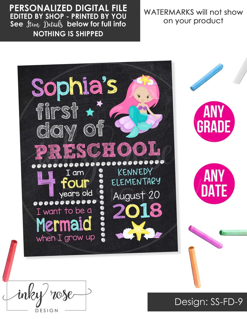 Mermaid First Day of School Sign PRINTABLE, 1st First Day of Preschool ...