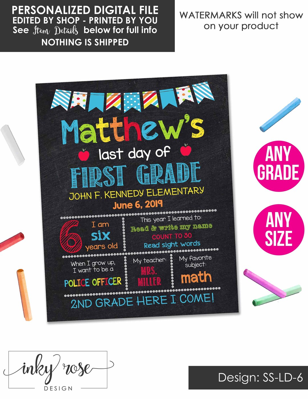 Last Day of First Grade Sign PRINTABLE, Last Day of School Chalkboard ...