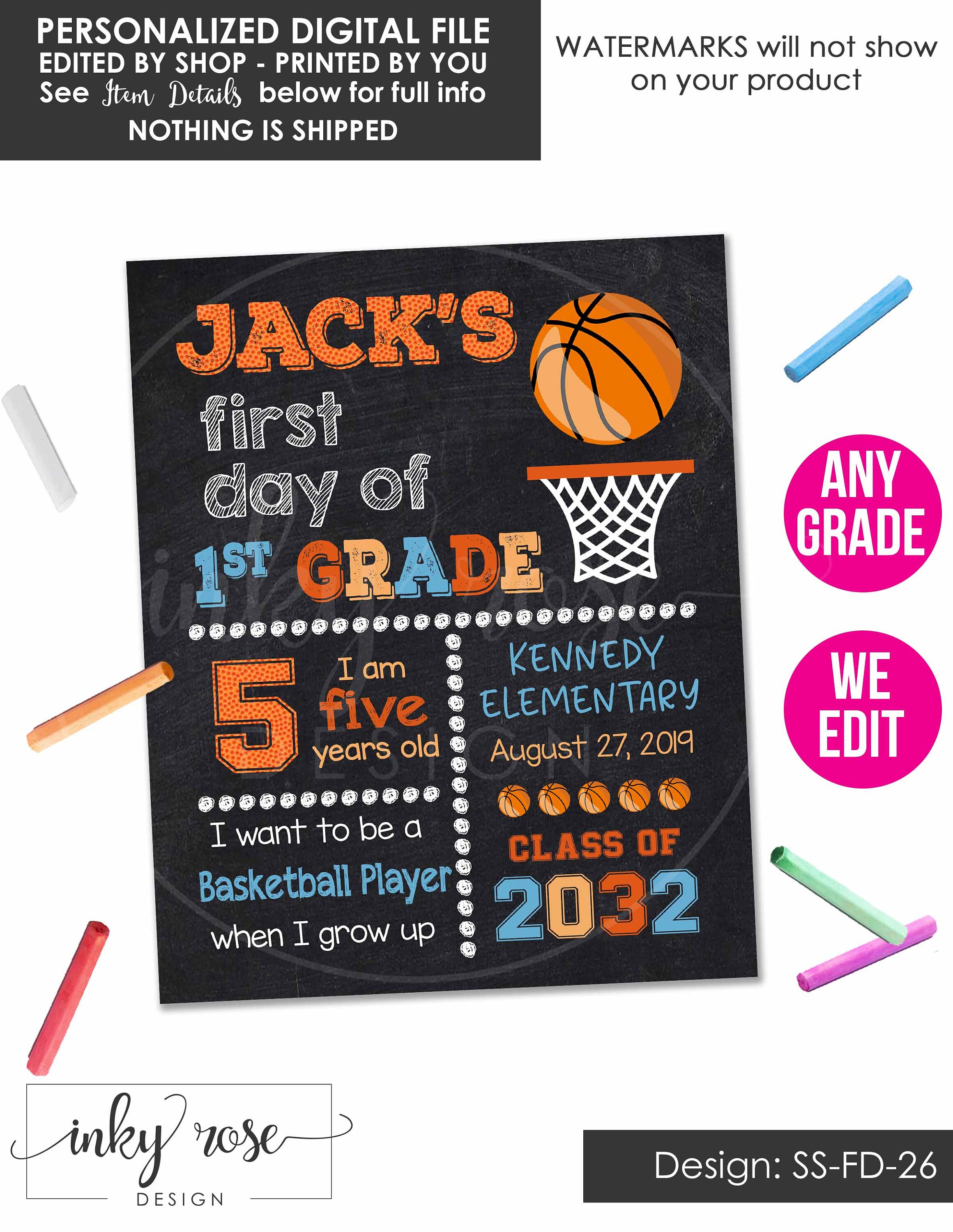 Basketball First Day of School Chalkboard Sign PRINTABLE | Etsy