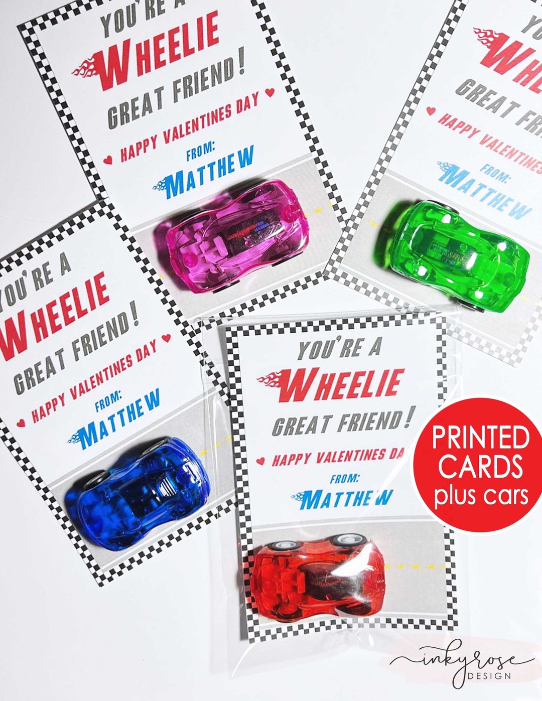Wheelie Valentines Day Cards, PRINTED Race Car Valentine's Day Cards ...