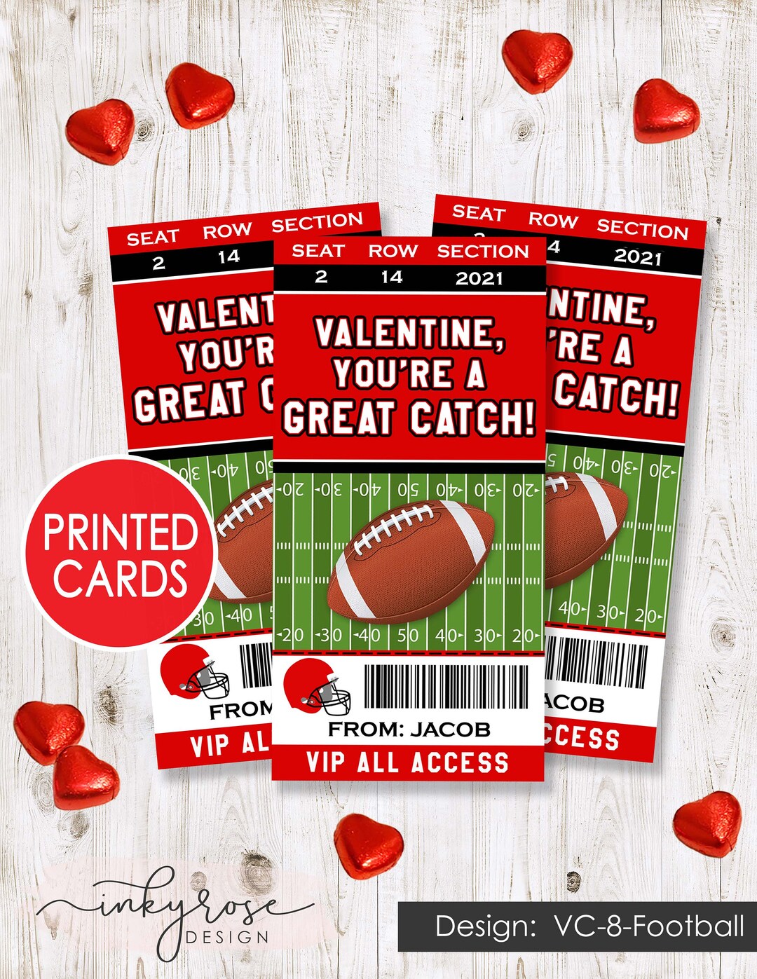 Football Valentines Cards PRINTED, Personalized Kids Valentine's Day ...