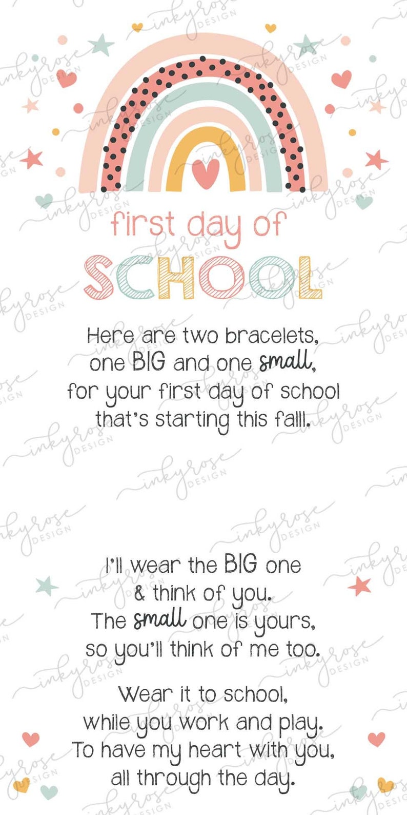 First Day of School Bracelet PRINTABLE Instant Download Back - Etsy