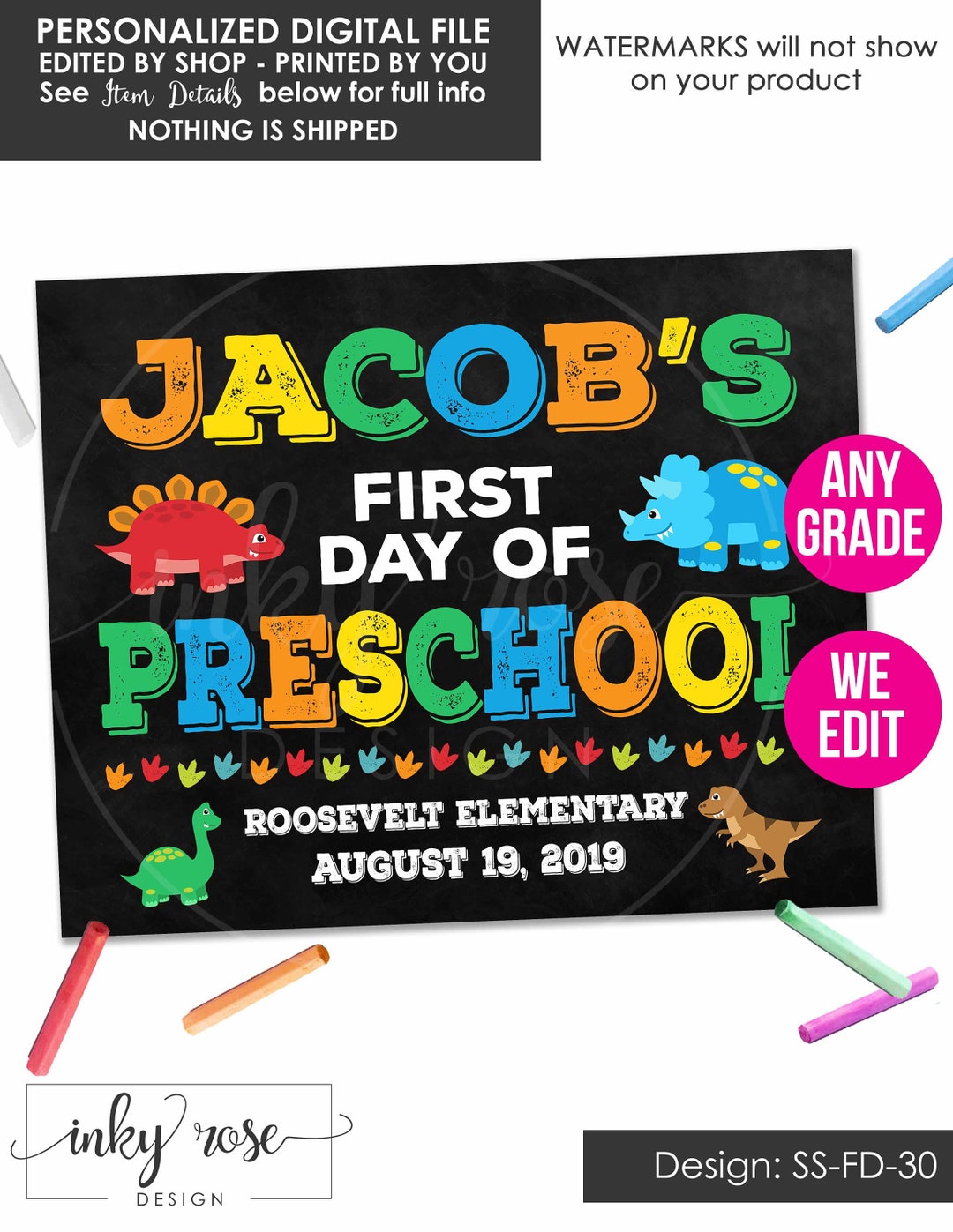 Dinosaur First Day of Preschool Chalkboard Sign PRINTABLE, 1st Day of ...