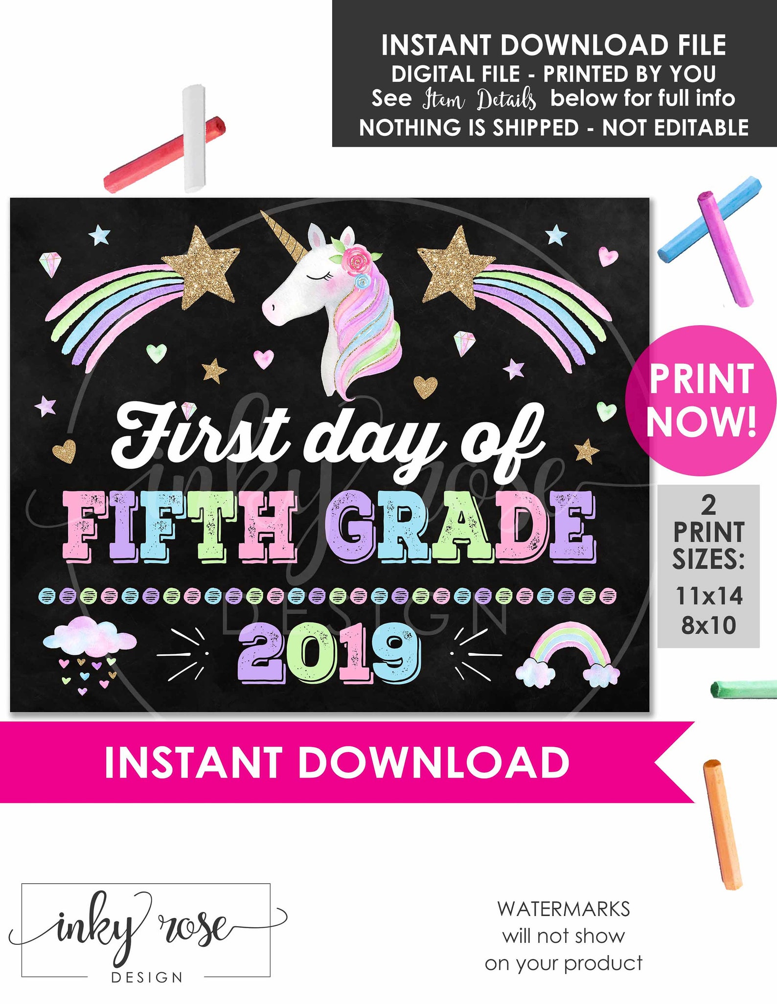 Unicorn First Day of Fifth Grade Unicorn Sign PRINTABLE - Etsy