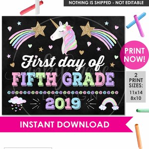 Unicorn First Day of Fifth Grade Unicorn Sign PRINTABLE - Etsy