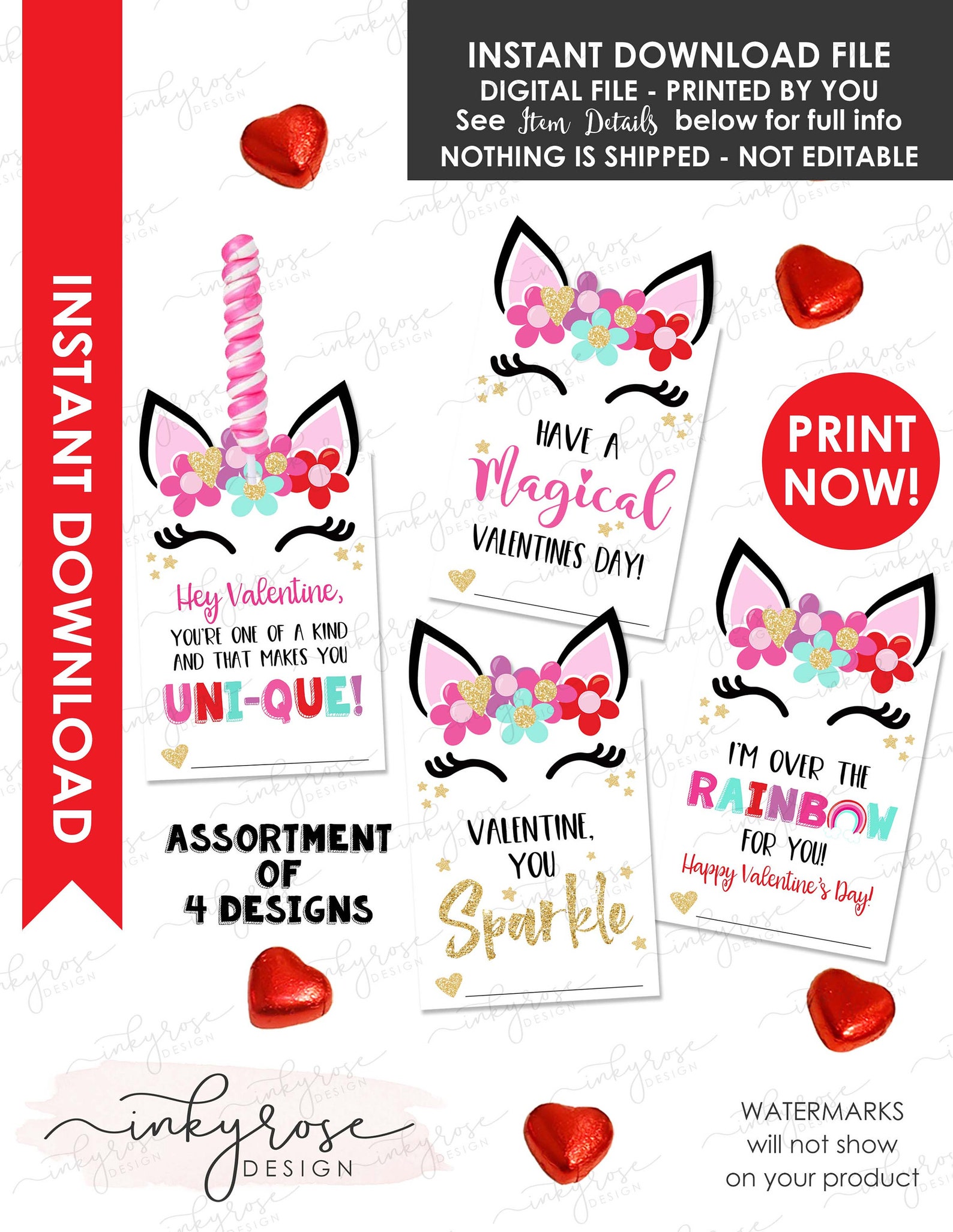 Unicorn Valentines Cards INSTANT DOWNLOAD Kids - Etsy