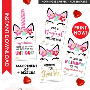 Unicorn Valentines Cards INSTANT DOWNLOAD, Kids Valentine's Day Card ...