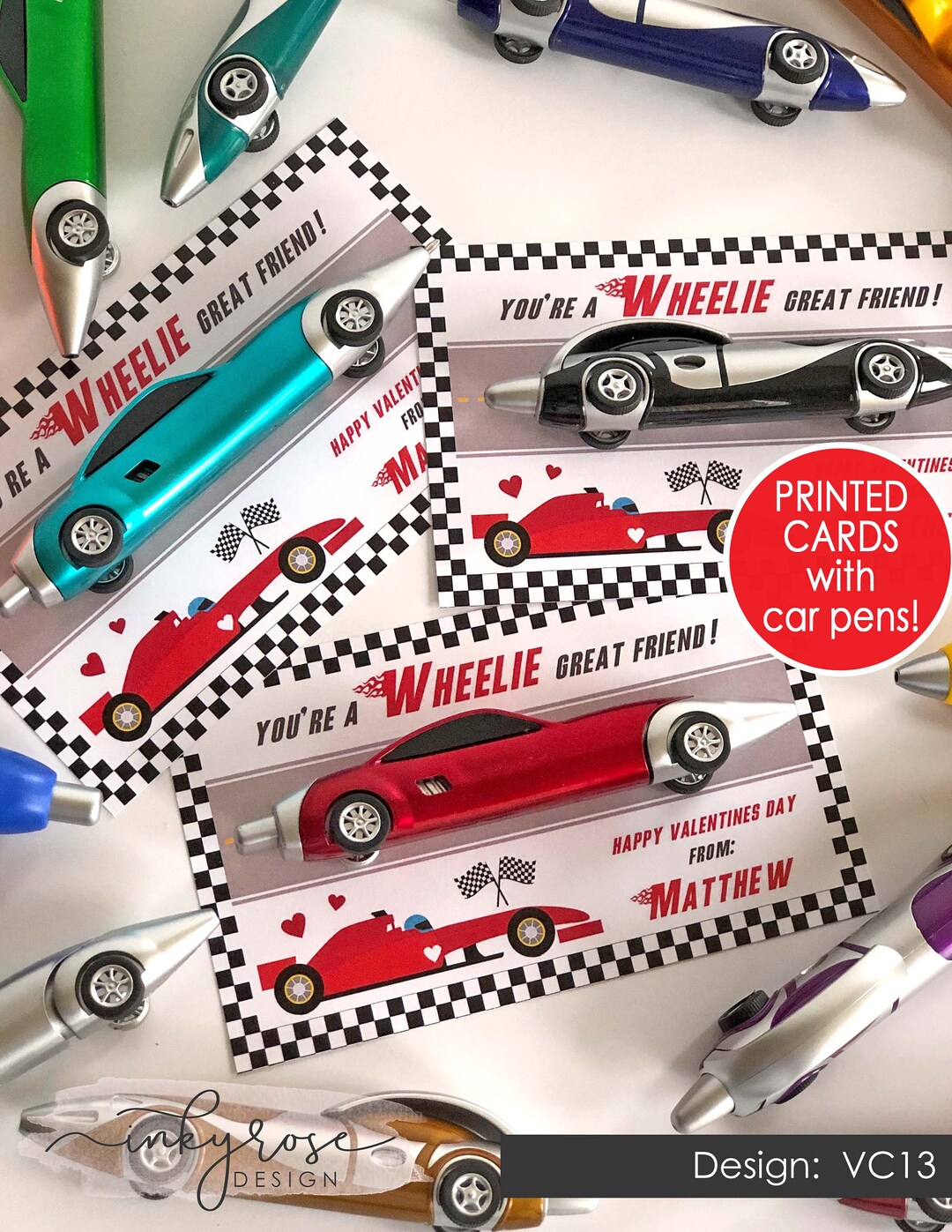 Kids Valentines Cards PRINTED With Race Car Pen, I Wheelie Like You ...