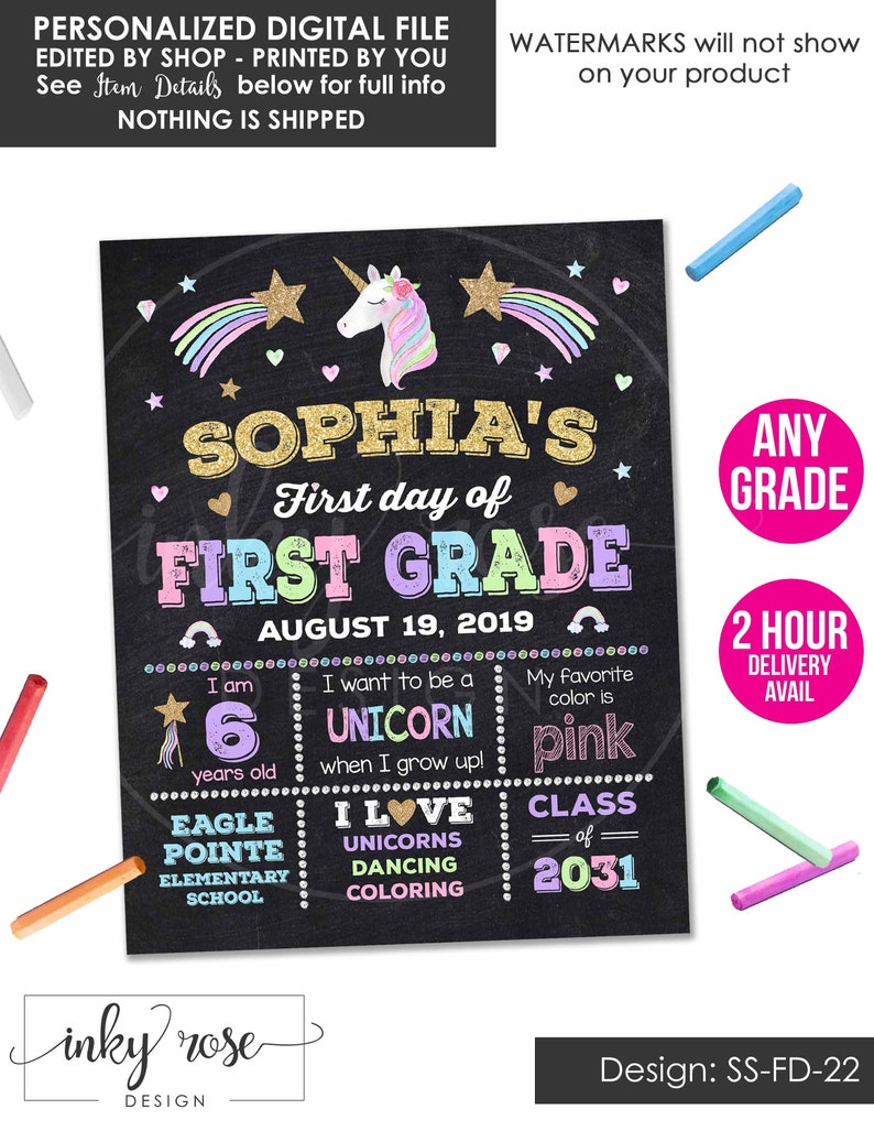 Unicorn First Day of 1st Grade Sign PRINTABLE Back to School - Etsy