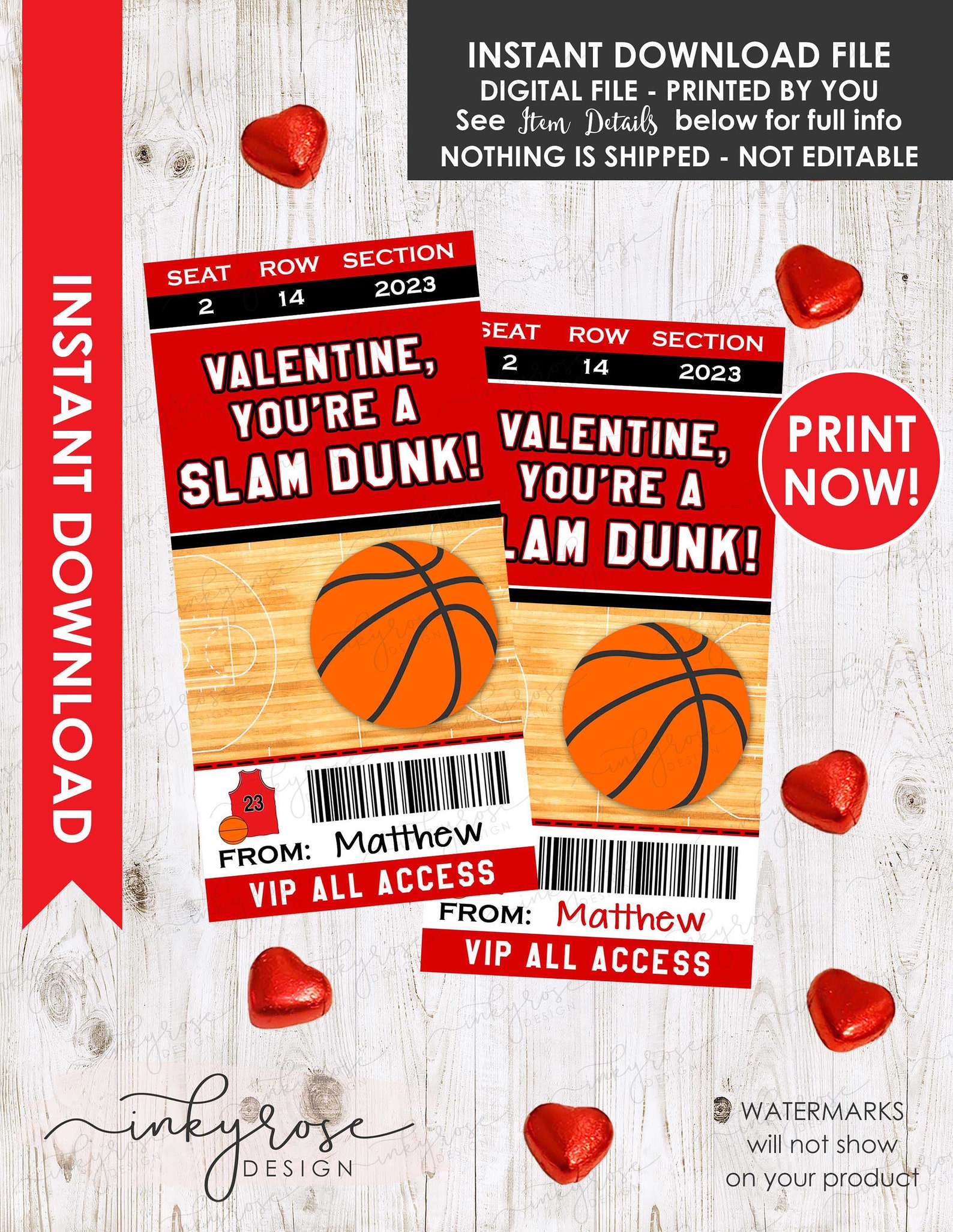 Basketball Valentines Day Card INSTANT DOWNLOAD Kids - Etsy