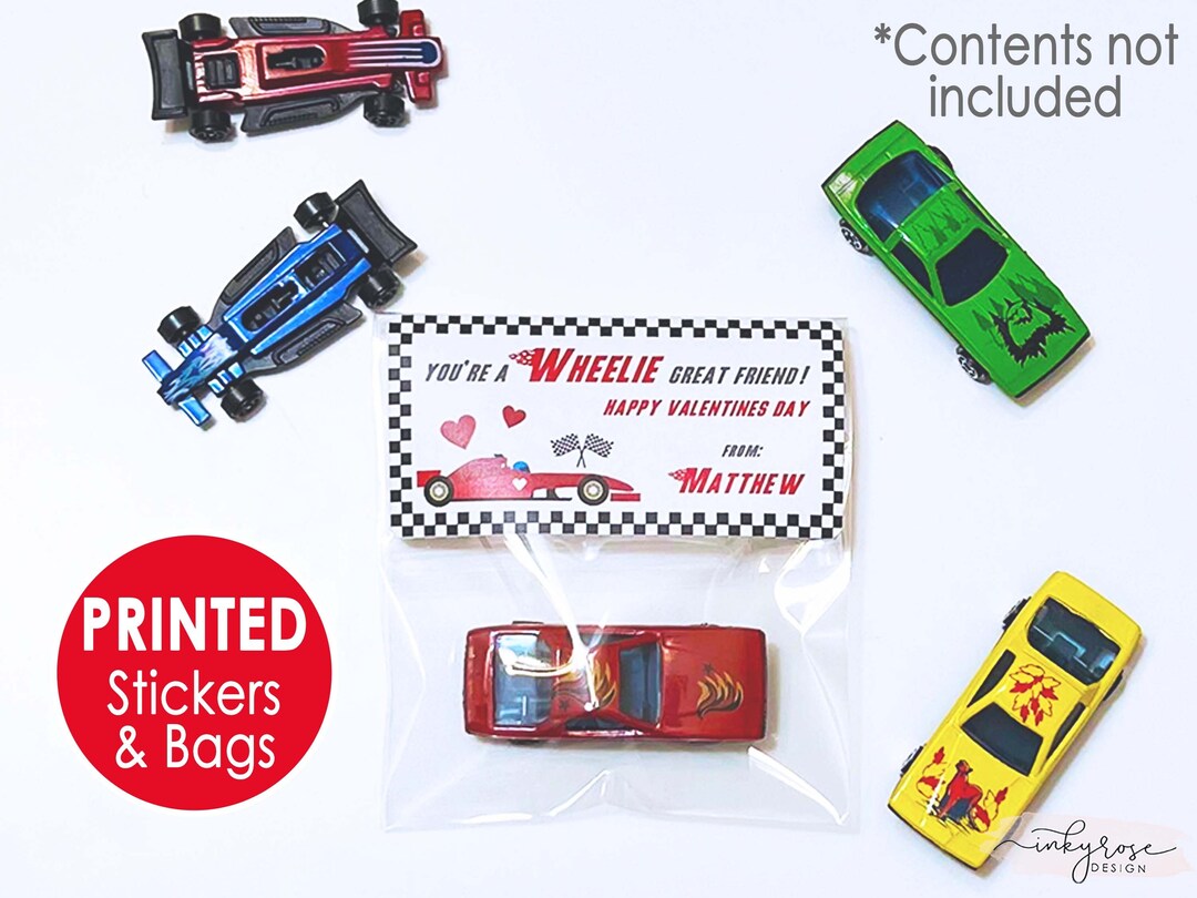 Car Valentines Day Stickers and Bags, PRINTED Wheelie Race Car ...