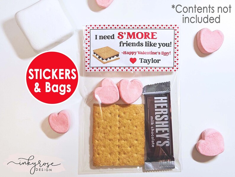 Smore Valentines Stickers and Bags, PRINTED Valentine Smores Kit Treat ...