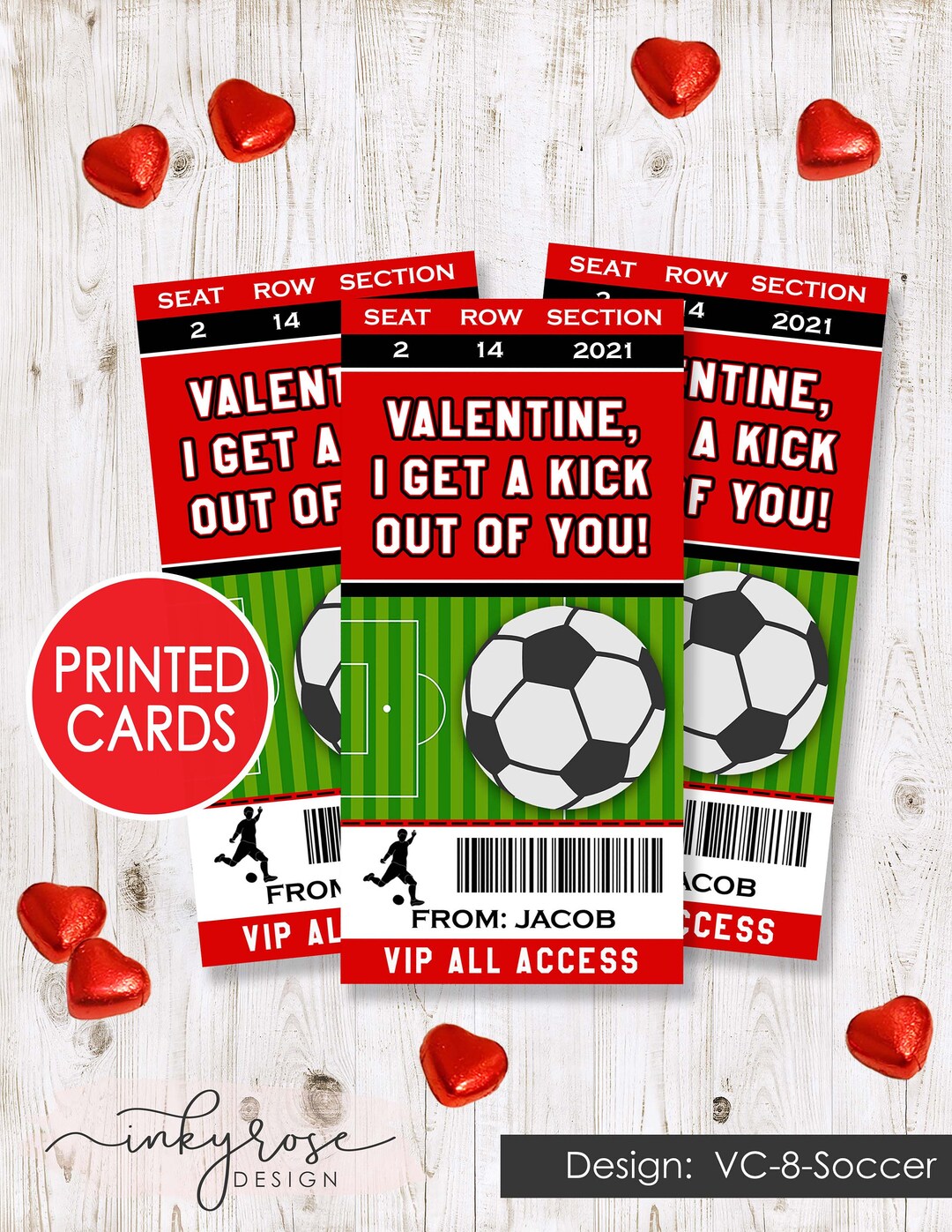 Soccer Valentines Cards PRINTED, Personalized Kids Valentine's Day Card ...