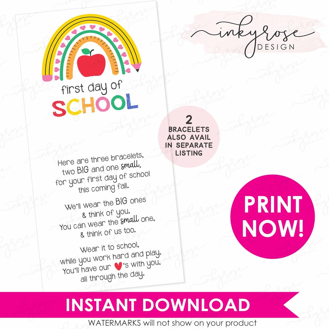 First Day of School Bracelet PRINTABLE Instant Download, Back to School ...