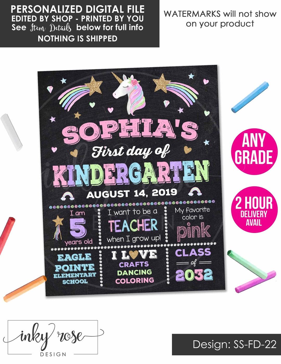 Unicorn First Day of Kindergarten Sign PRINTABLE, Back to School Sign ...