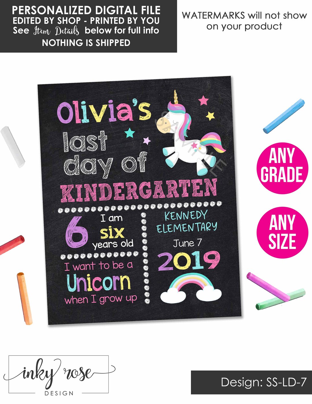 Last Day of School Sign Unicorn Chalkboard PRINTABLE, Last Day of ...