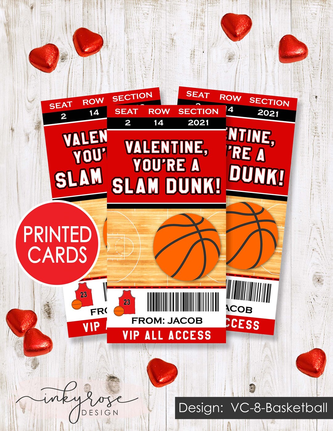Basketball Valentine Card PRINTED, Personalized Kids Valentine's Day ...