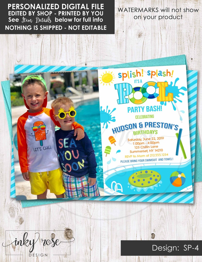 Pool Party Birthday Invitation Boy With Picture PRINTABLE - Etsy
