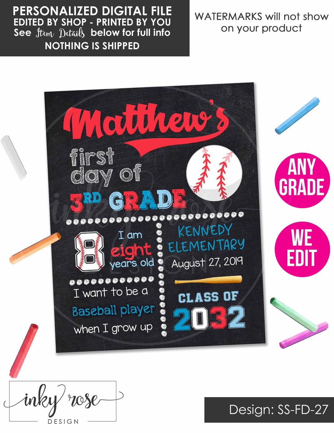 Baseball First Day of School Chalkboard Sign PRINTABLE, 1st Day of 3rd ...