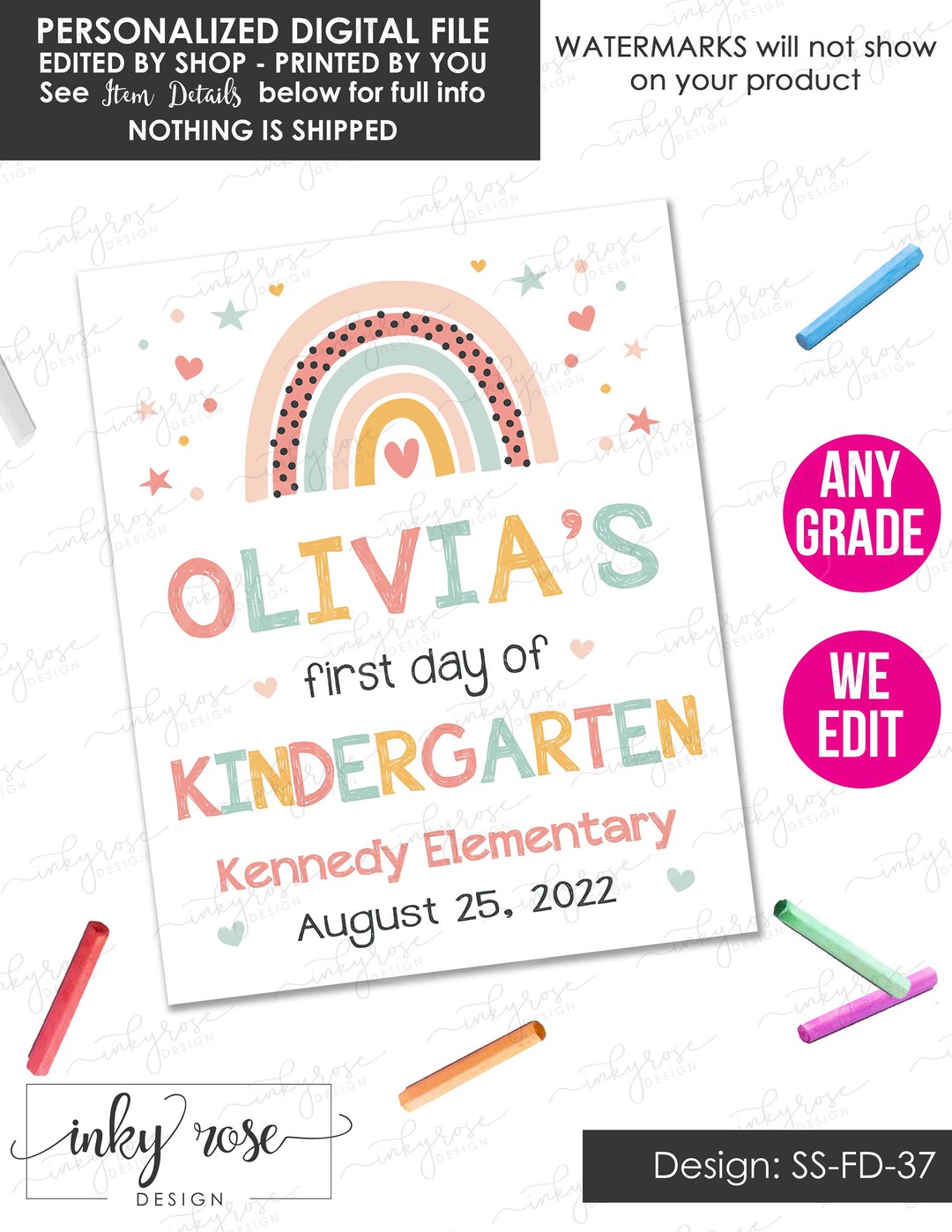 First Day of Kindergarten Sign PRINTABLE Back to School Chalkboard ...