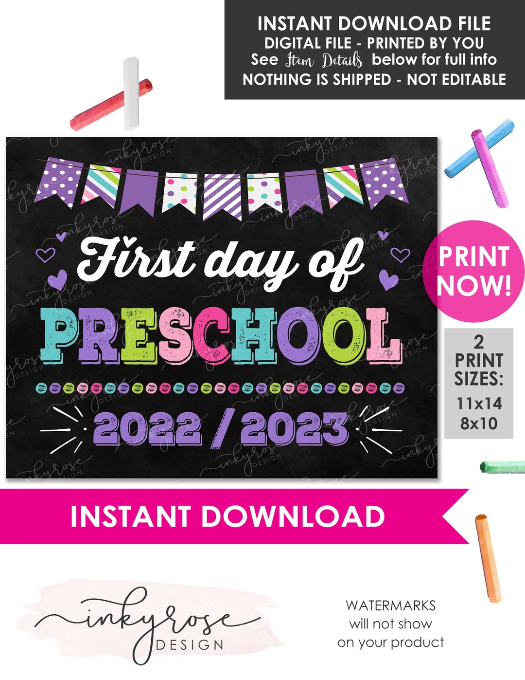 First Day of Preschool Sign INSTANT DOWNLOAD PRINTABLE, Girl First Day ...
