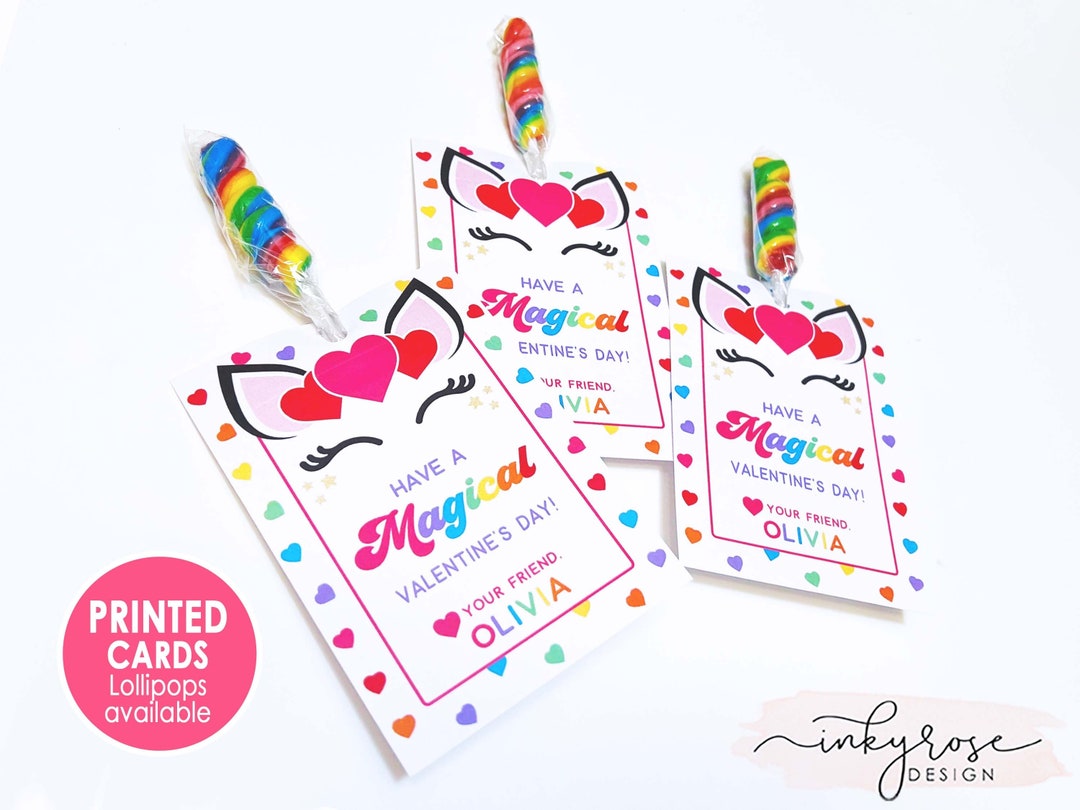 Unicorn Valentine Cards Lollipop, PRINTED Unicorn Valentine's Day Card ...