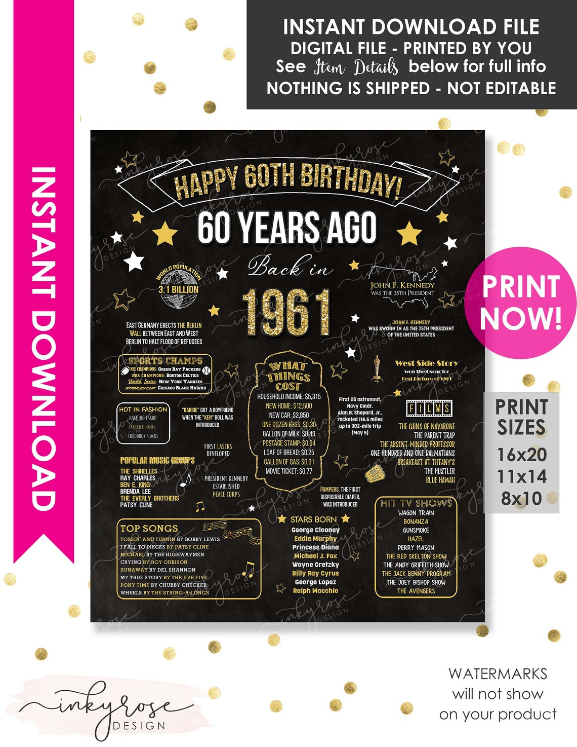 60th Birthday INSTANT DOWNLOAD Poster 1961 Sign 60th Birthday | Etsy