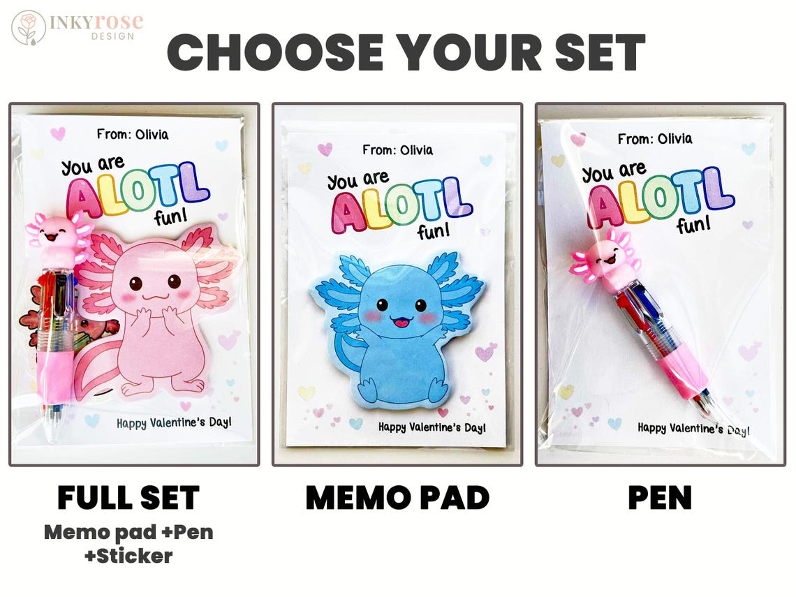 Axolotl Valentines Gift Set With Pen & Sticky Note Pad, Non-candy ...