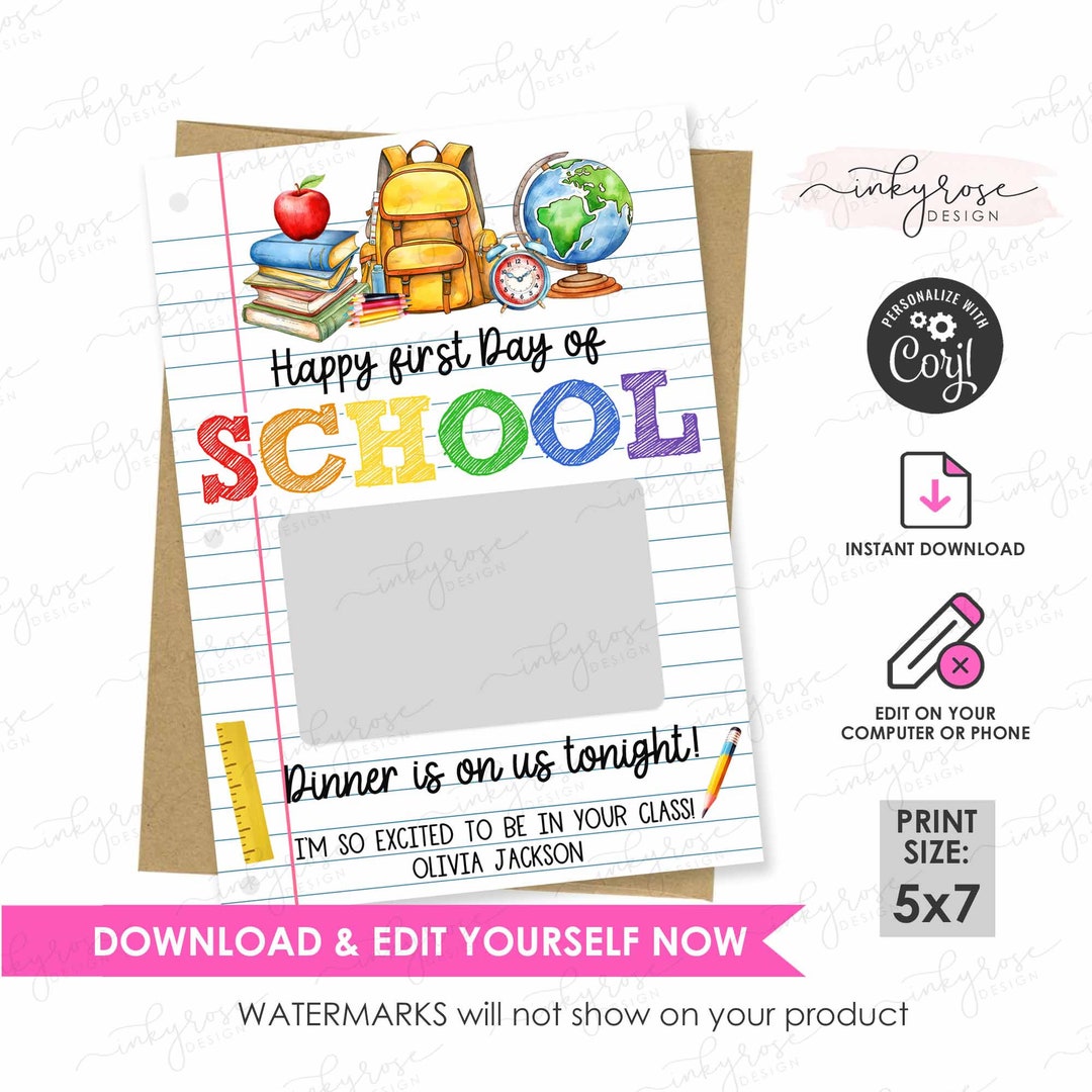 First Day of School Gift Card Holder PRINTABLE, Editable Restaurant ...