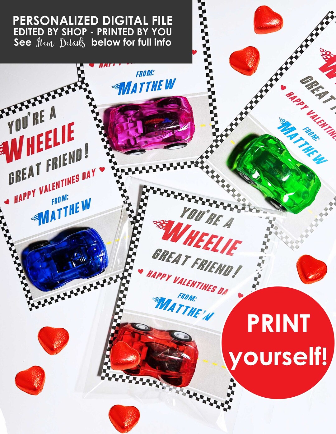 Boy Valentines Card PRINTABLE, Wheelie Valentines Day Cards, Race Car ...