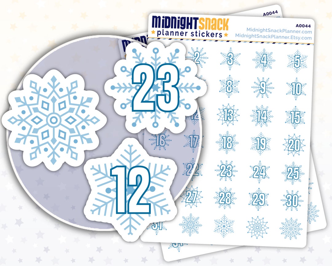 Snowflake Countdown Planner Stickers | Snow Monthly Numbers Icon ...
