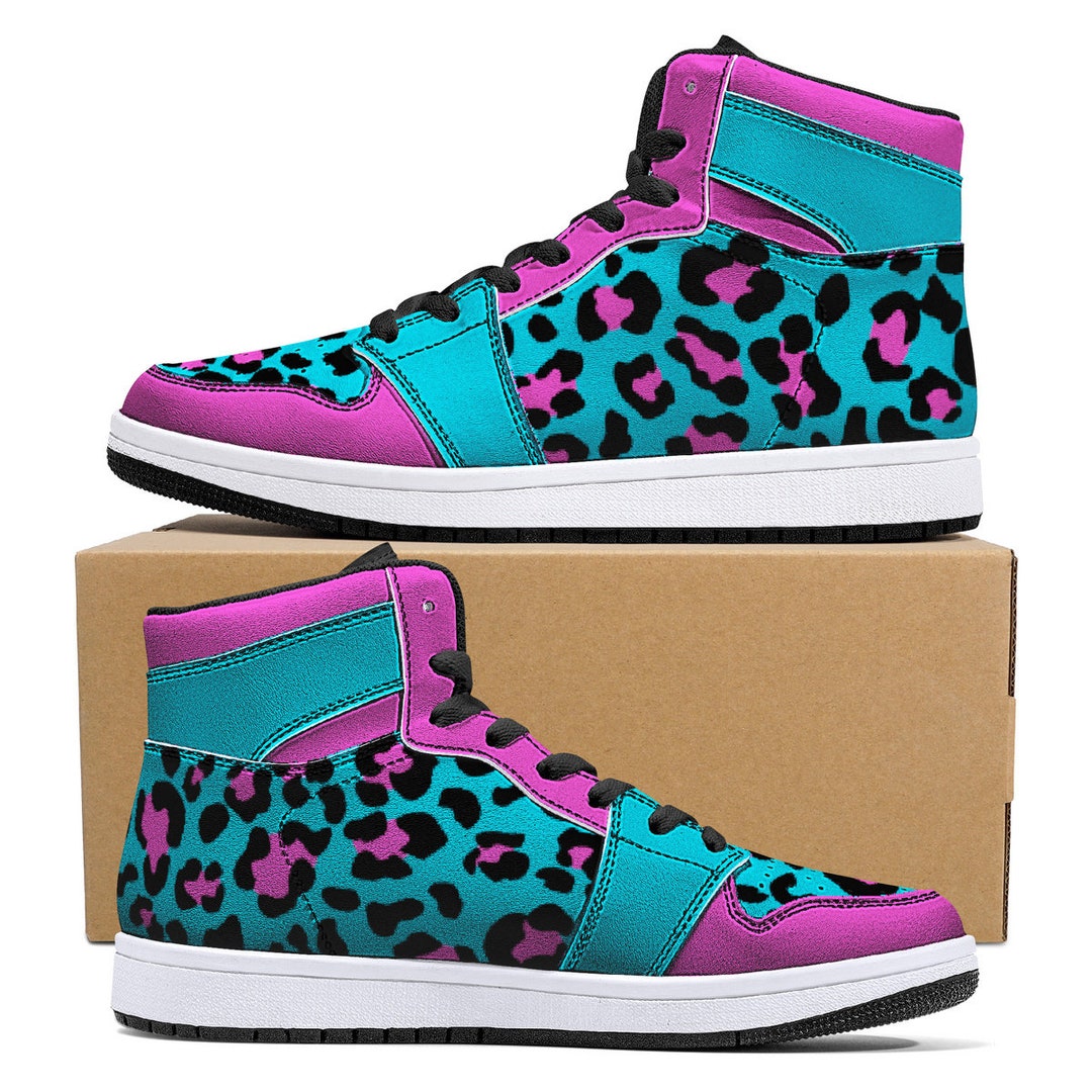 Teal-pink Leopard Print High-top Faux Leather Sneakers - Black - Etsy