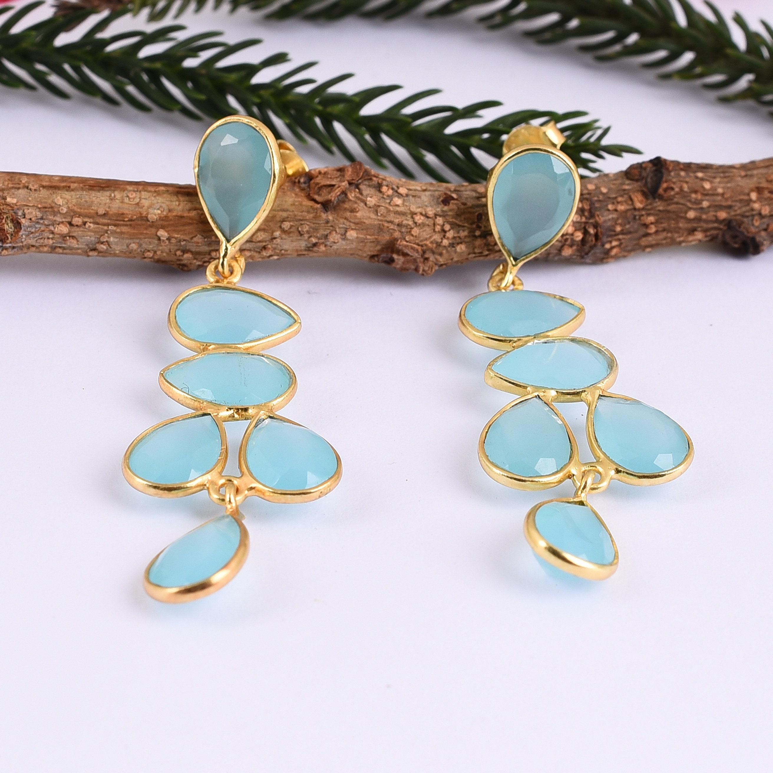 Aqua Chalcedony Earring Blue Chalcedony Gold Earring 18k | Etsy