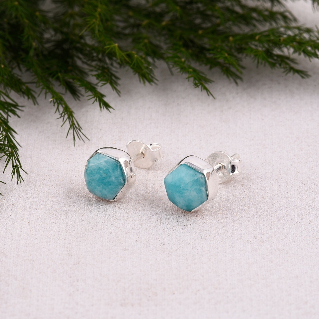 Amazonite Earring, 925 Sterling Silver, Studs Earring, Hexagon Shape Earring, Natural Gemstone ...