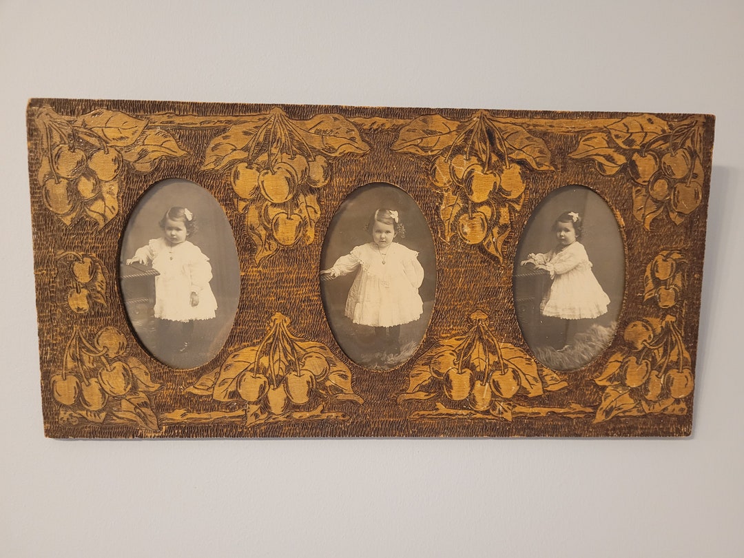 Victorian Pyrography Three Part Frame With Antique Photos Exceptional ...