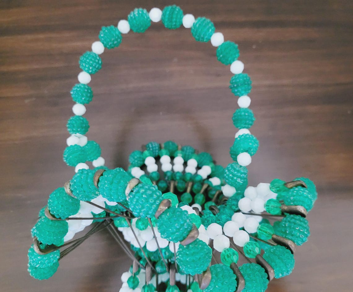 Safety Pin Beaded Green Basket - Mid-century Craft - Etsy