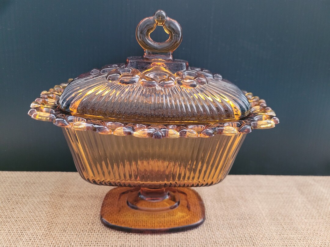 Indiana Glass Amber Lace Edge Candy Dish - Etsy