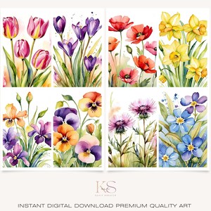 Digital Download Spring Floral Wall Art Set of 8 Botanical Watercolor ...