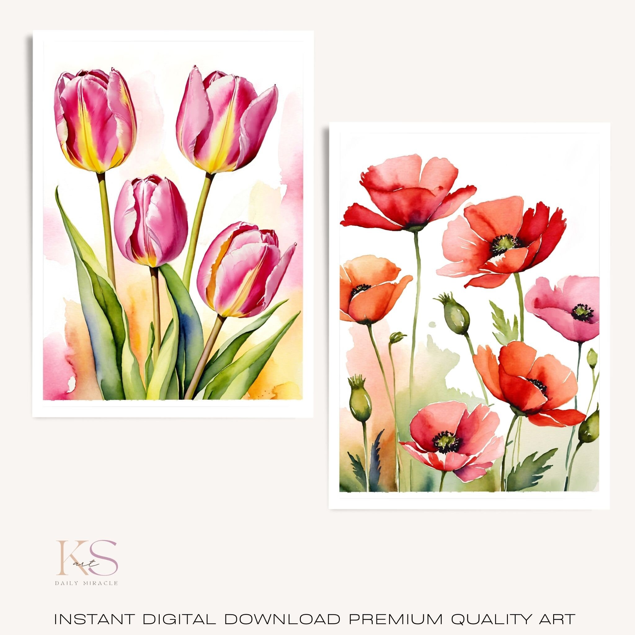 Digital Download Spring Floral Wall Art Set of 8 Botanical Watercolor ...