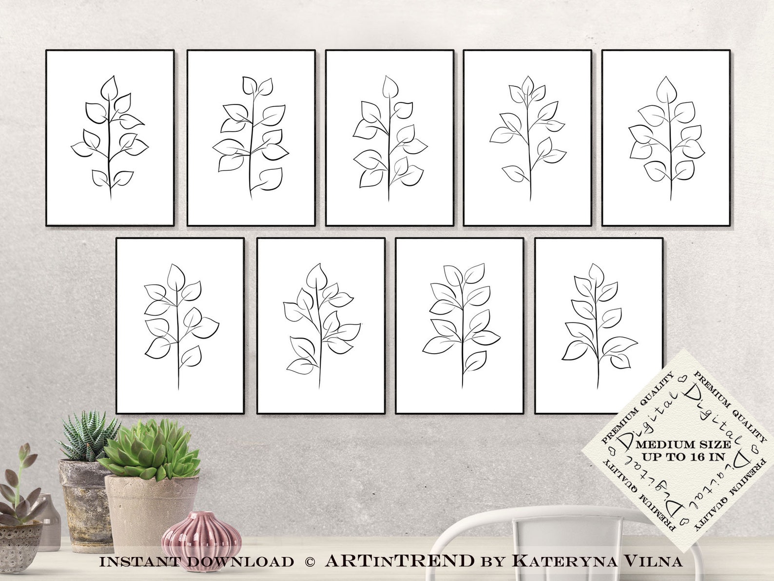Minimalist printable poster set of 9 line art tree leaves and | Etsy