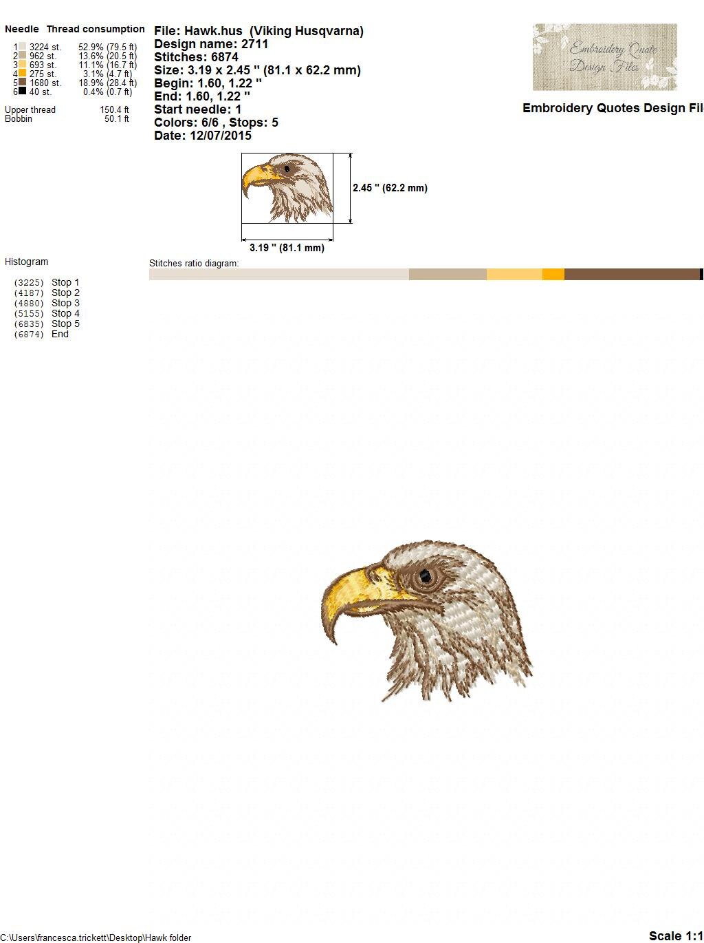 Hawk Fill Stitch Embroidery Design File in 9 Formats | Etsy