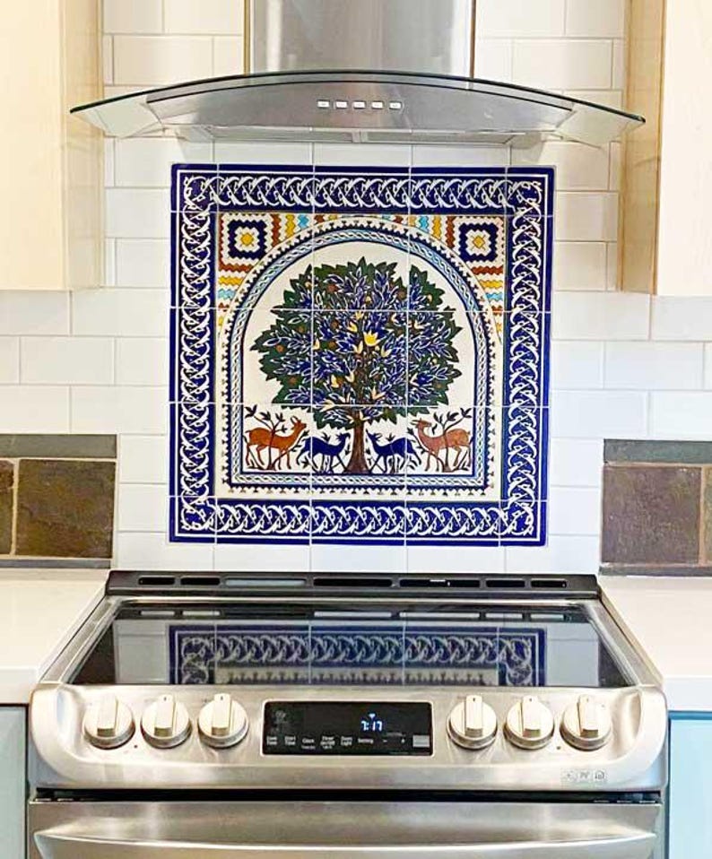 Tree of Life Tile Mural With Blue Border Tiles - Etsy