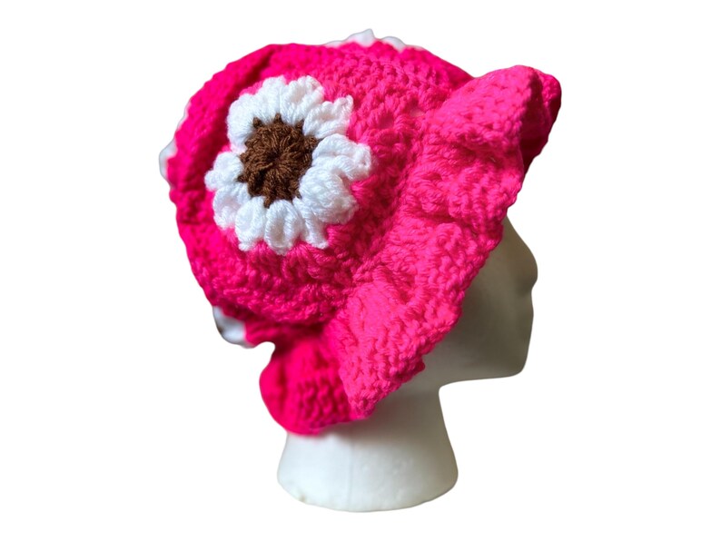 Handmade Hot Pink Crochet Daisy Hat With Ruffled Brim - Etsy
