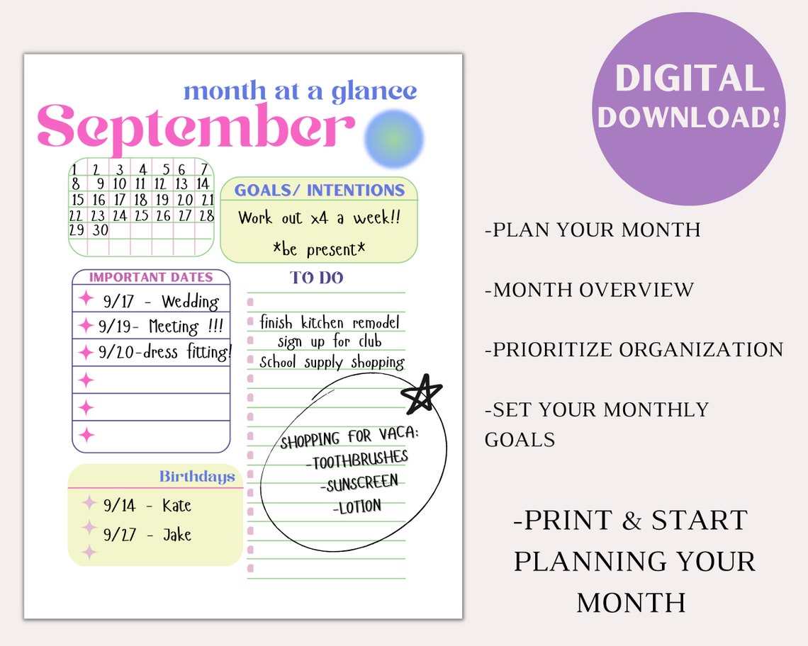 MONTHLY PLANNER PRINTABLE | Todo List Making | Important Dates and ...