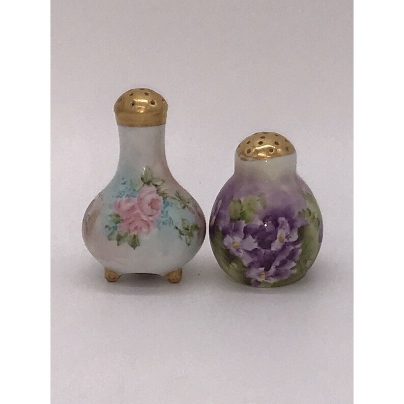 Vintage Hand Painted Purple and Pink Flowers 3 Salt & Pepper Shaker Set ...