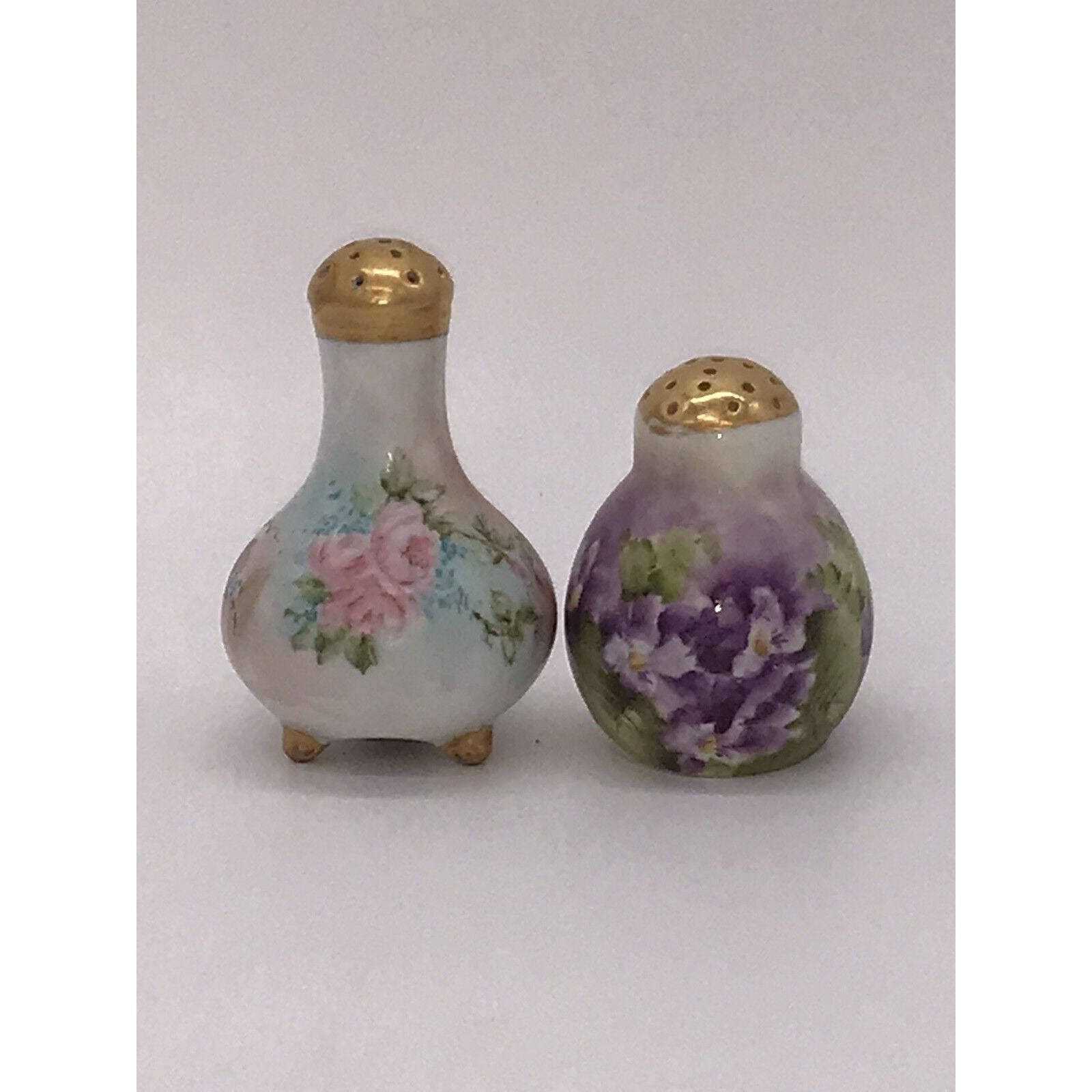 Vintage Hand Painted Purple and Pink Flowers 3 Salt & Pepper Shaker Set ...