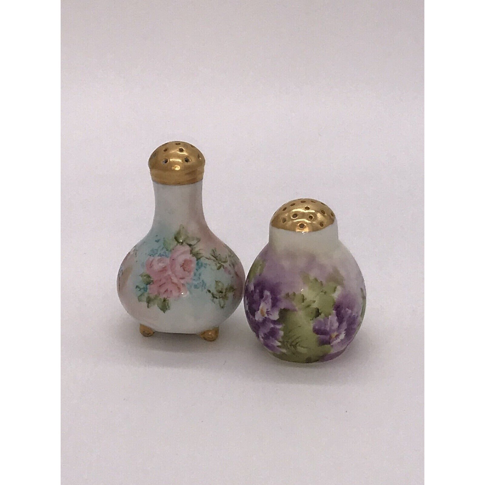 Vintage Hand Painted Purple and Pink Flowers 3 Salt & Pepper Shaker Set ...